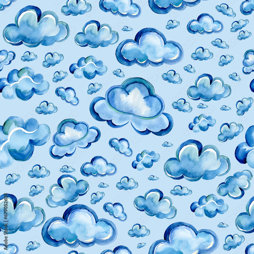 Patrón motivo de nubes de acuarela color celeste y azul, textura para ...