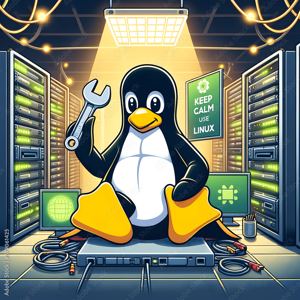 Clipart of a penguin, the mascot of Linux, sitting in a server room ...
