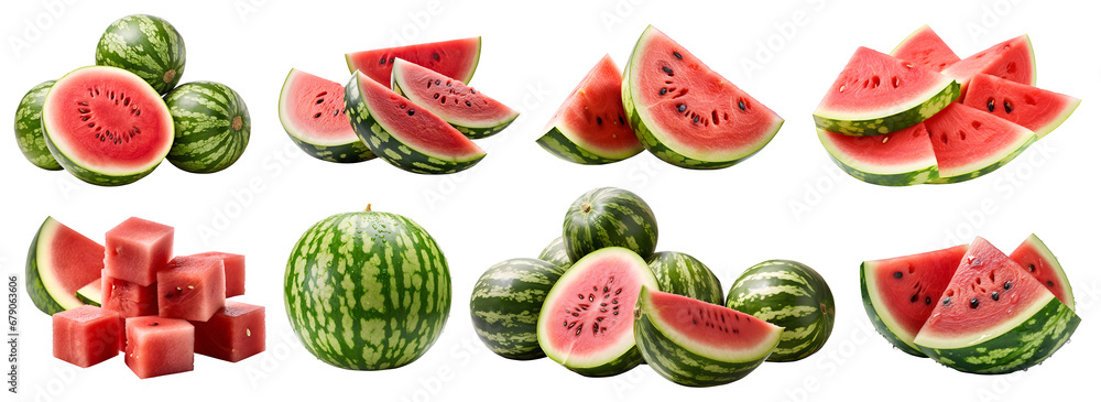 Watermelon watermelons, many angles and view side top front sliced ...