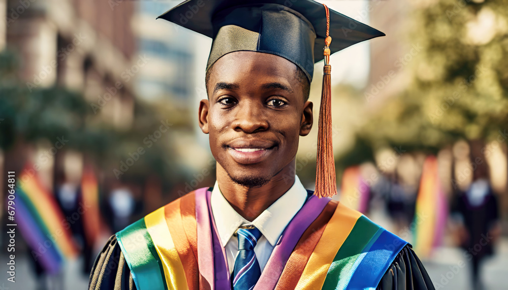 Portrait of an African American male graduate wearing cap and gown with ...
