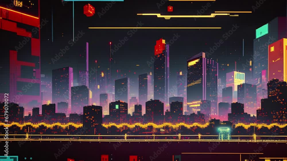 Futuristic urban animation of cyberpunk cityscape with high skyscrapers ...