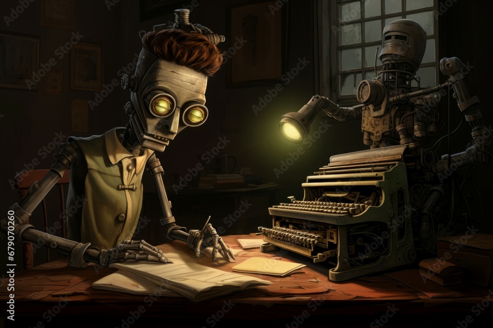 Medieval robot writer. Robotic author redactor with ancient typewriter ...