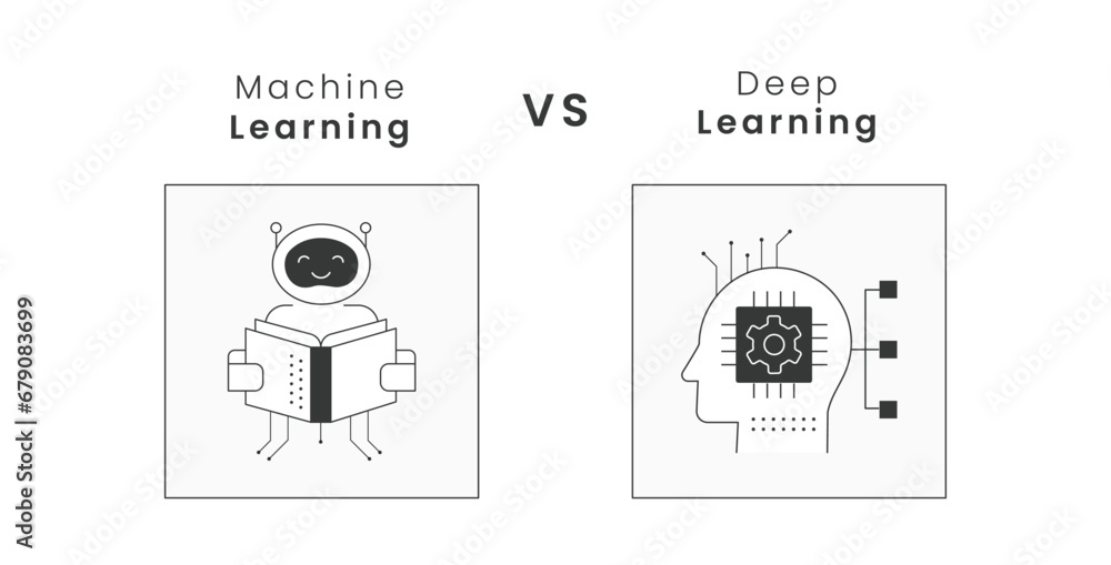 Machine Learning vs Deep Learning Vector Diagram with Editable Stroke ...