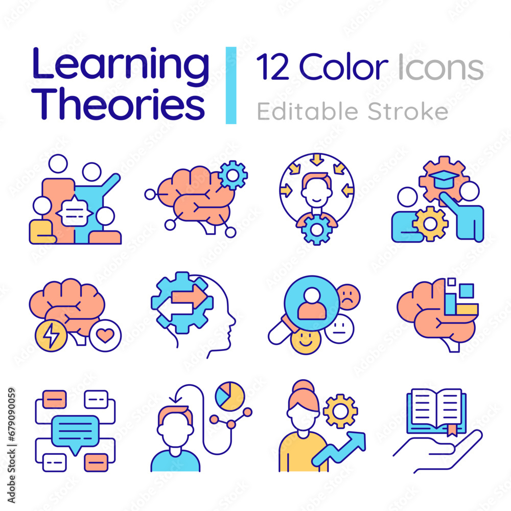 2d Editable Colorful Thin Line Icons Set Representing Learning Theories