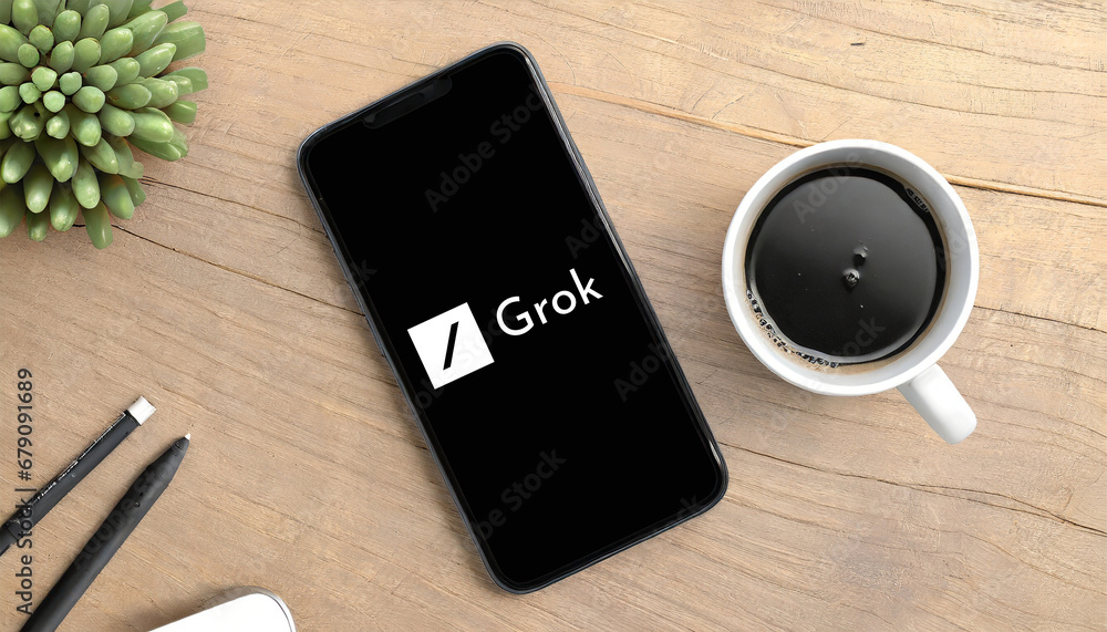 Grok AI logo on smartphone screen. Grok is a new Chatbot for X platform ...