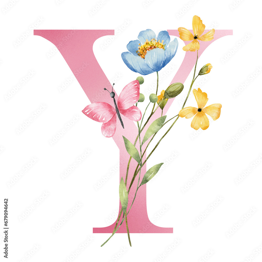 Pink letter Y with watercolor flowers and leaves. Floral alphabet ...