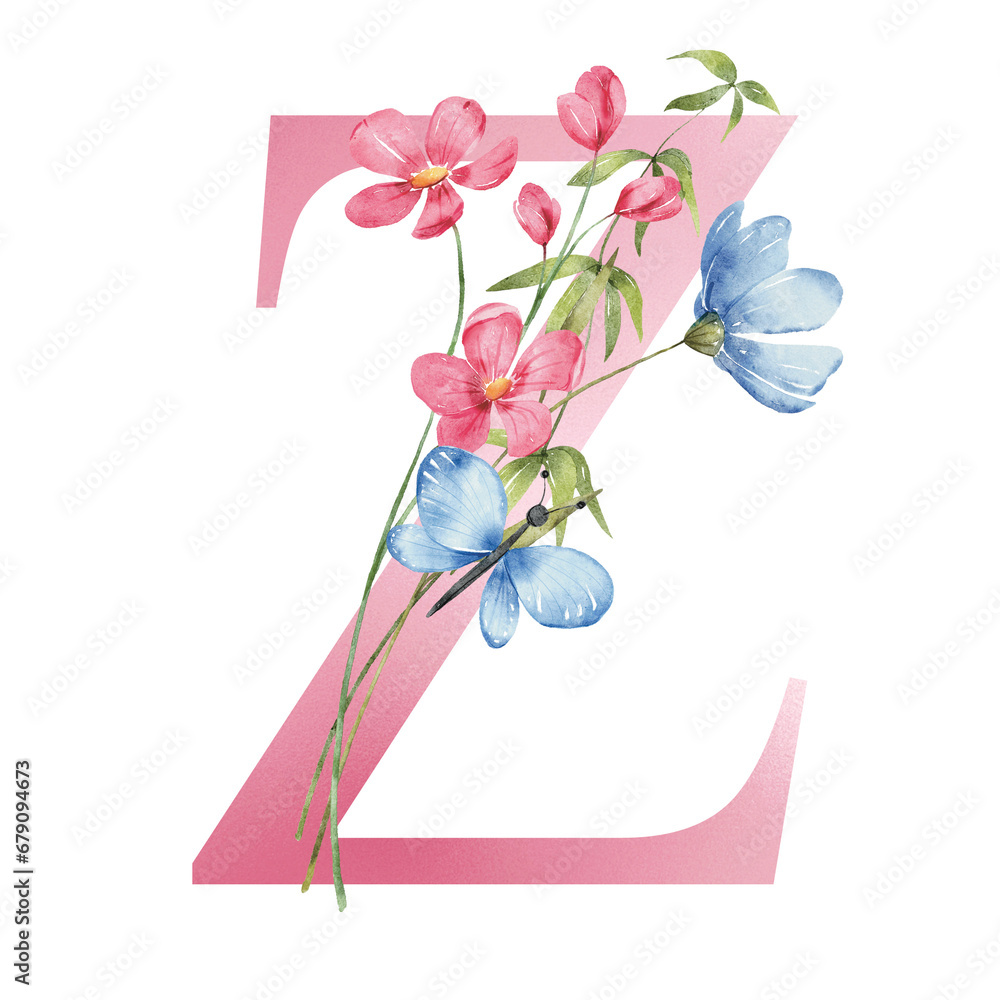 Pink letter Z with watercolor flowers and leaves. Floral alphabet ...
