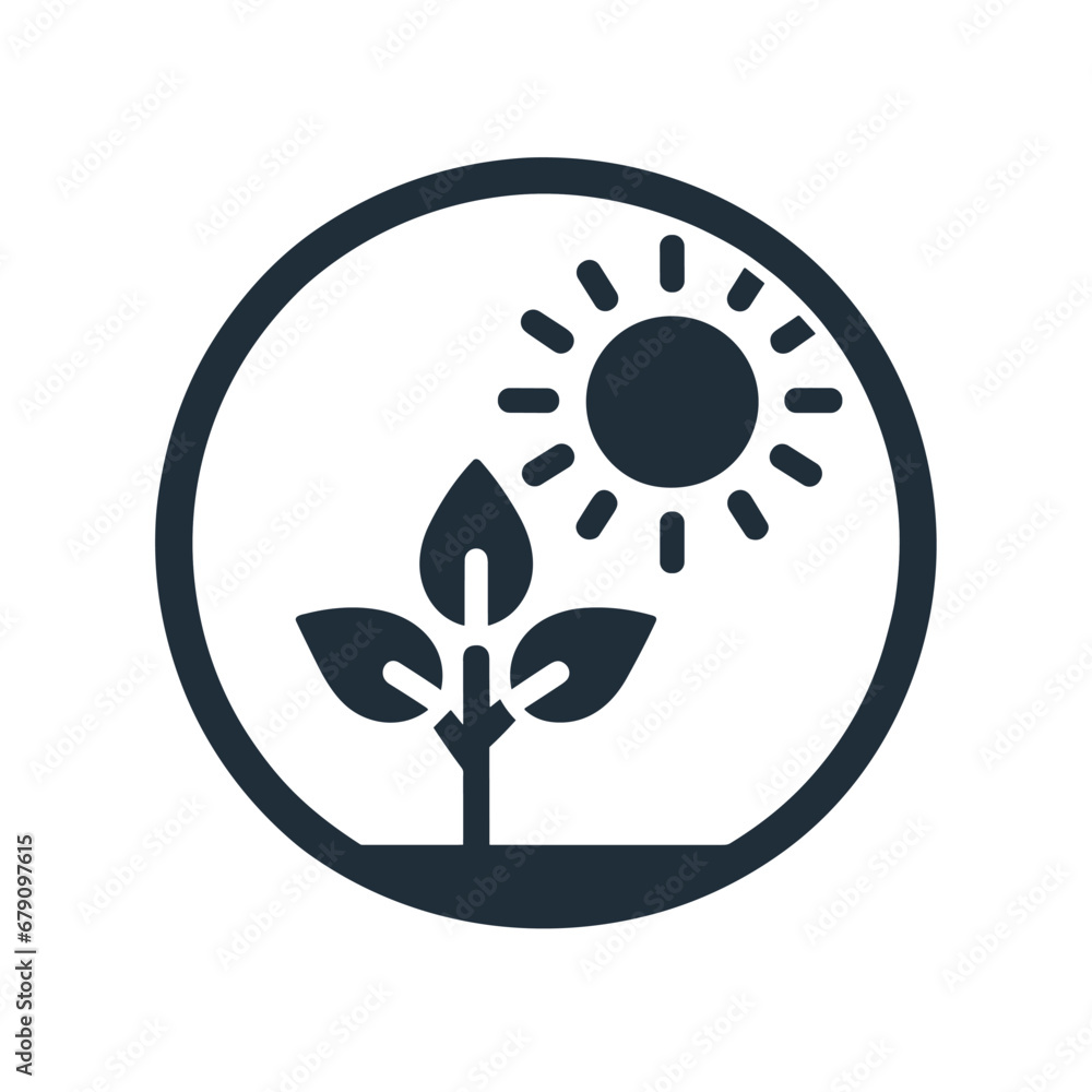Agrivoltaic farm monochrome line logo. Green plant and shining sun icon ...