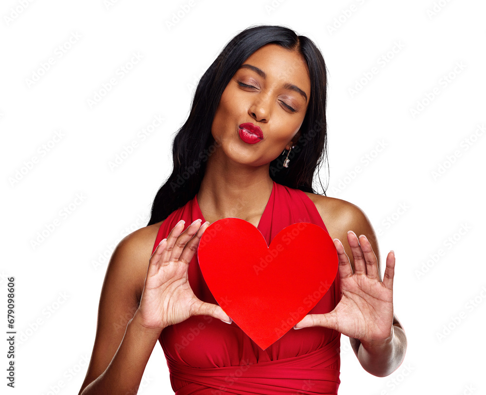 Pout, heart and woman with a card on valentines day isolated on png ...
