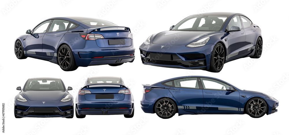 Dark blue sports tesla car isolated in white transparent background ...