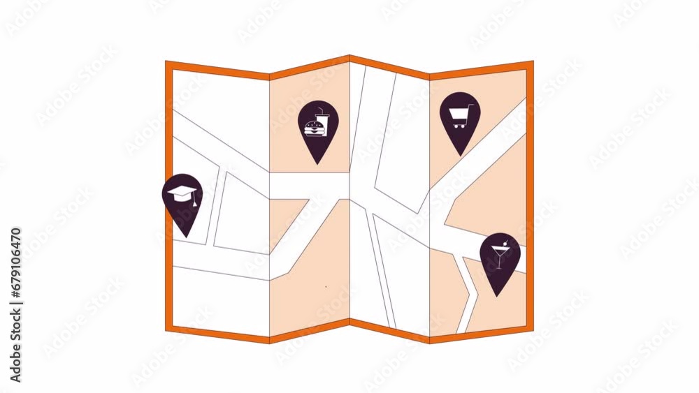 Neighborhood map with pinpoints line 2D object animation. Entertainment ...