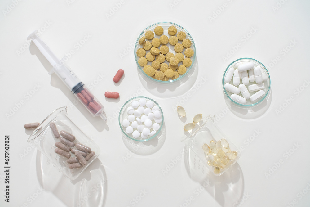 Pills of different shapes and colors are contained in transparent ...