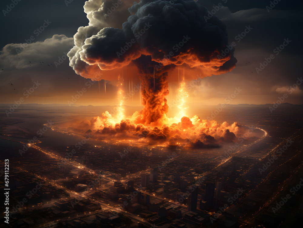 A mushroom cloud from an atomic bomb, depicting destroyed cities and a ...