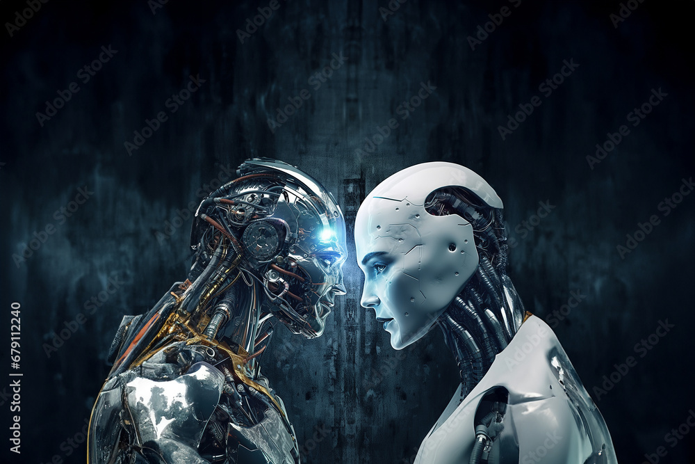 Cyborg and Ai robot, one bristling with a multitude of exposed ...