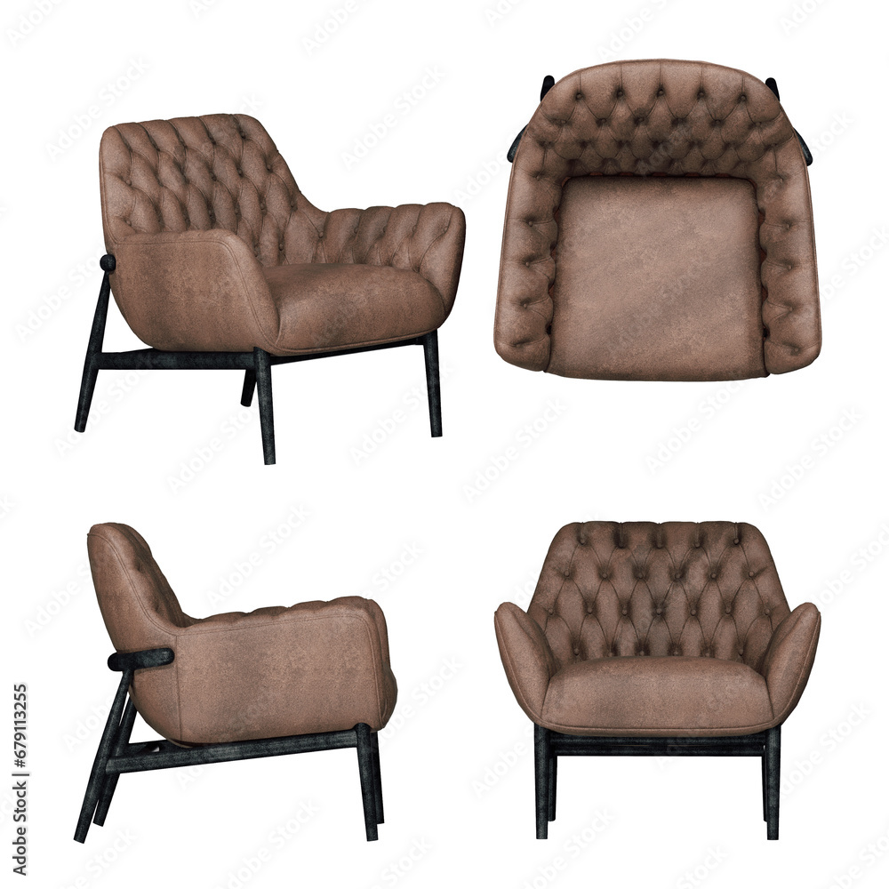 leather chair, top view, font view, side view, isolated,perspective ...