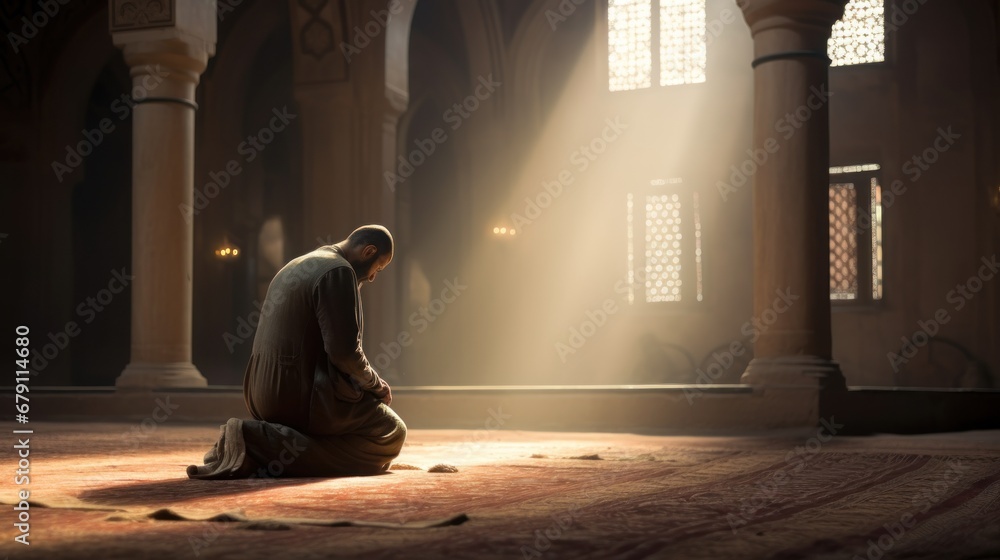 A devout Muslim man bows to pray in a mosque. Stock Photo | Adobe Stock