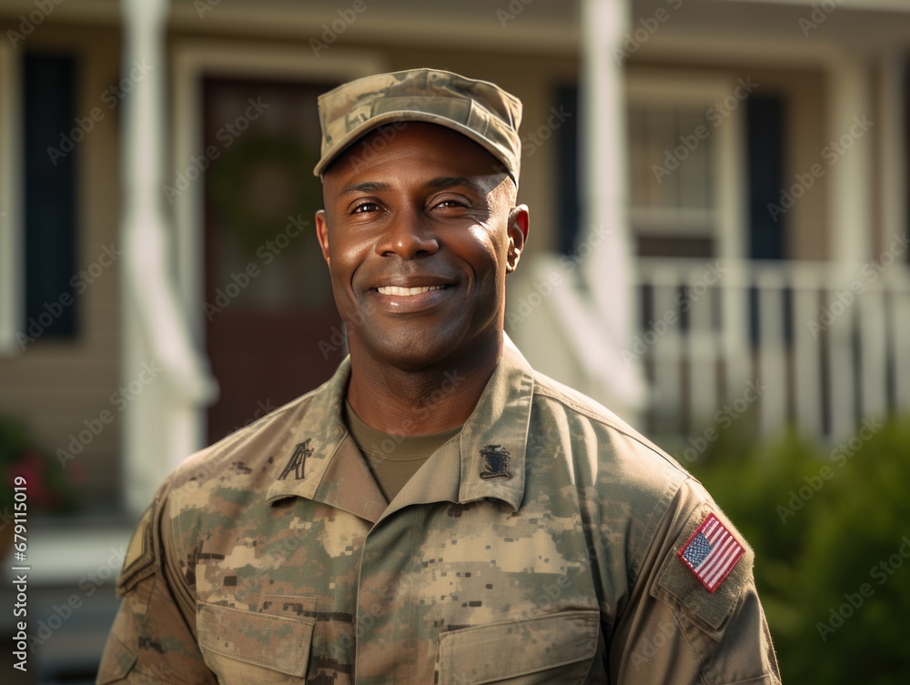 Smiling middle-aged African American soldier in uniform standing in ...