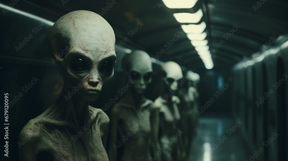 Emaciated aliens in a dimly lit cold dark spaceship prison cell ...