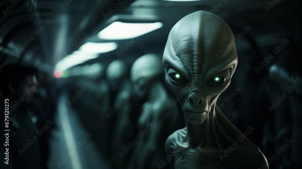 Emaciated aliens in a dimly lit cold dark spaceship prison cell ...