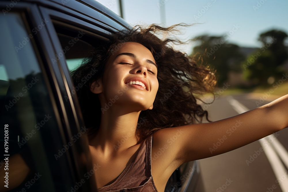 Happy woman sticking her head out the side view window while traveling ...