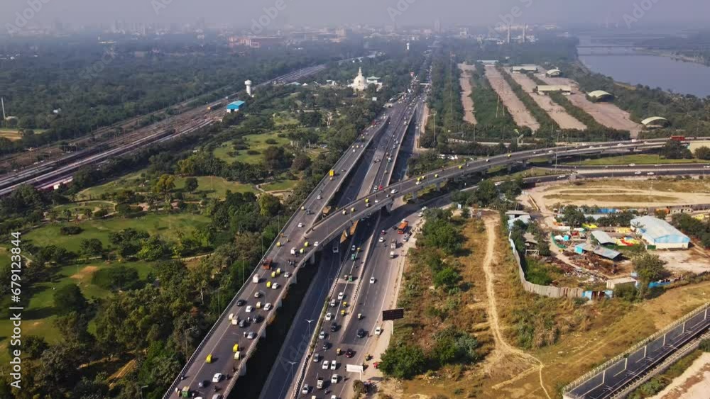 Aerial view of Indian capital and metropolitan city roads of New Delhi ...