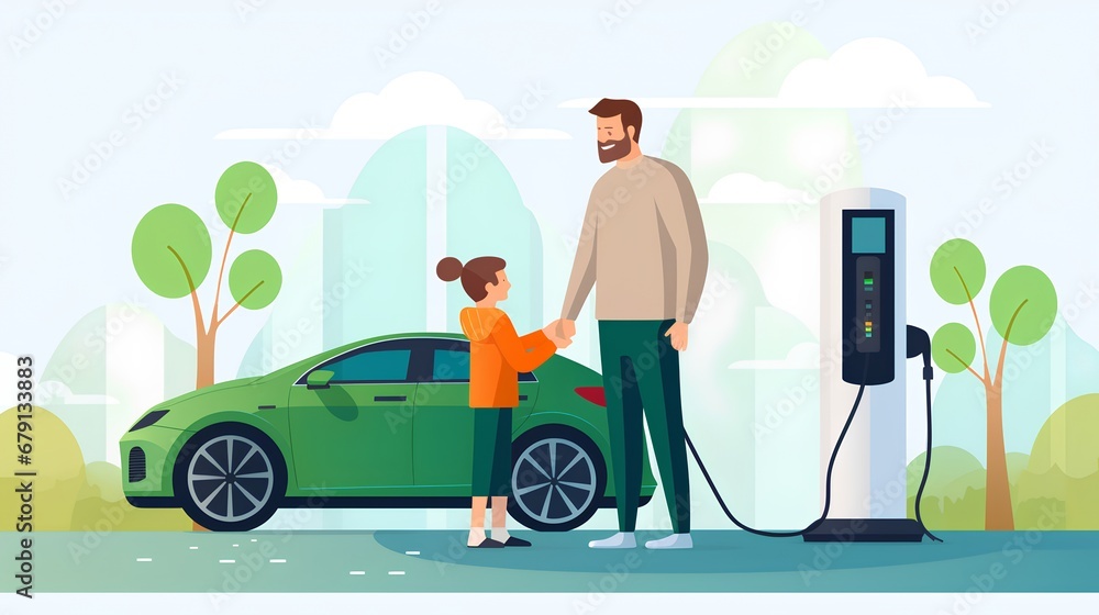 A caring father and his young daughter are engaged in plugging an EV ...