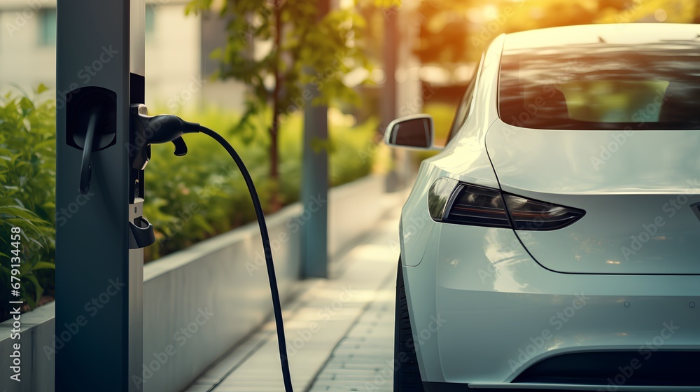 A modern public electric vehicle (EV) charging station in an urban ...