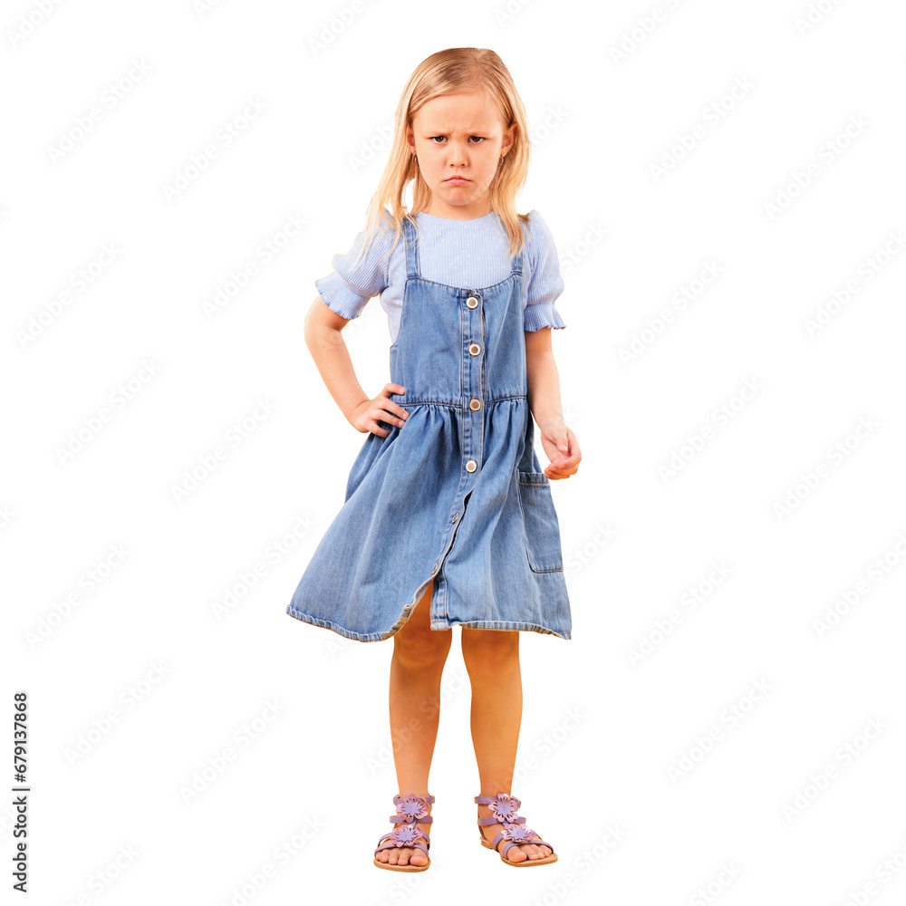 Portrait, child and sad with girl, bad news and feedback with png ...