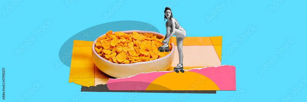 Woman tying laces on rollers, standing on plater with cereal against ...