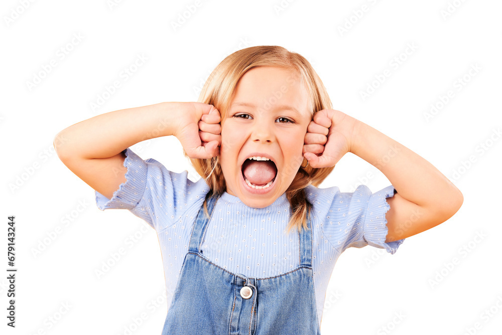 Portrait, girl and child with anger, screaming or emoji with emotion on ...