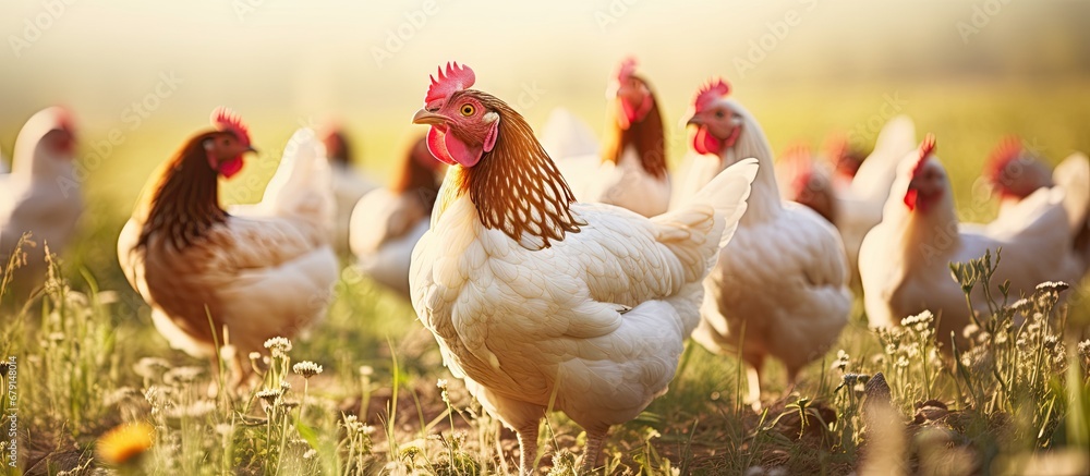 Hens grazing on grass in a free range organic farm Copy space image ...