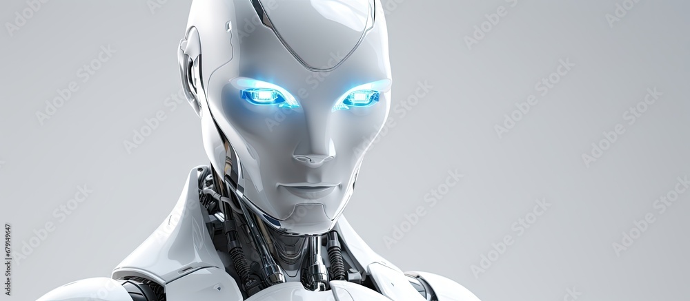 Friendly cyborg robot with a white screen Copy space image Place for ...