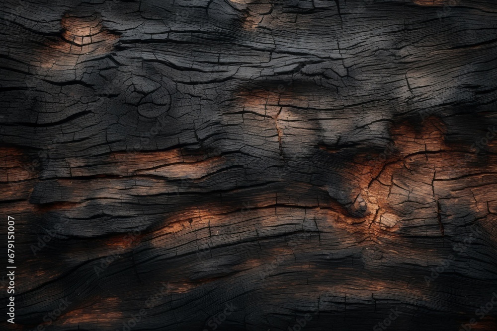 Rough textured uneven surface of burnt timber. Background with copy ...