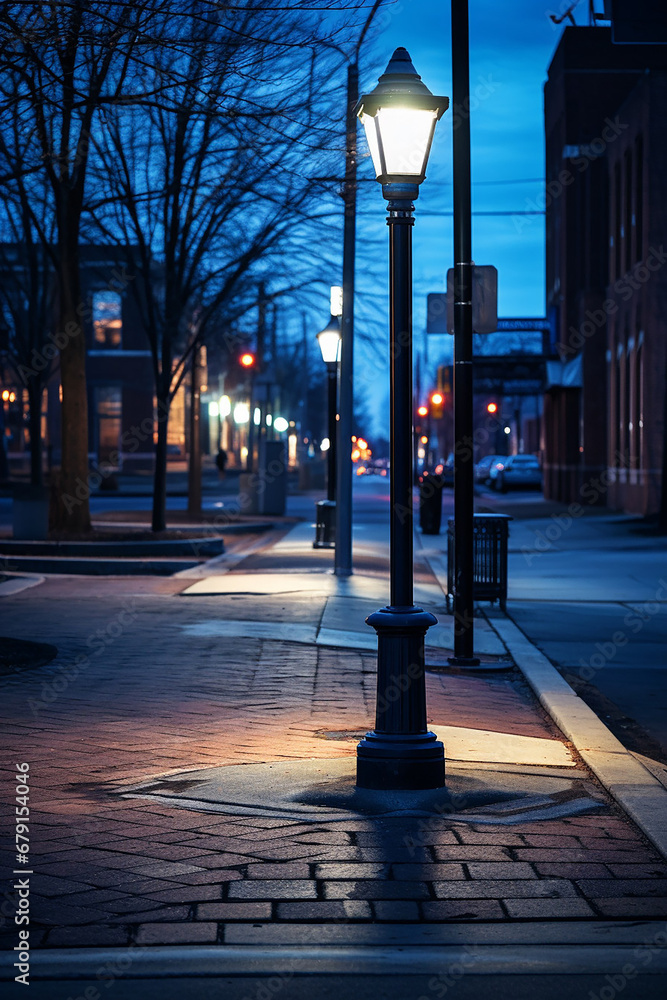 streetscape shot where blue streetlights cast long shadows, symbolizing ...