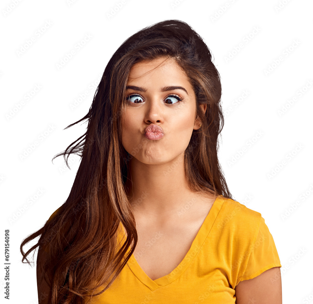 Funny, face and woman with crazy eyes and model in transparent ...