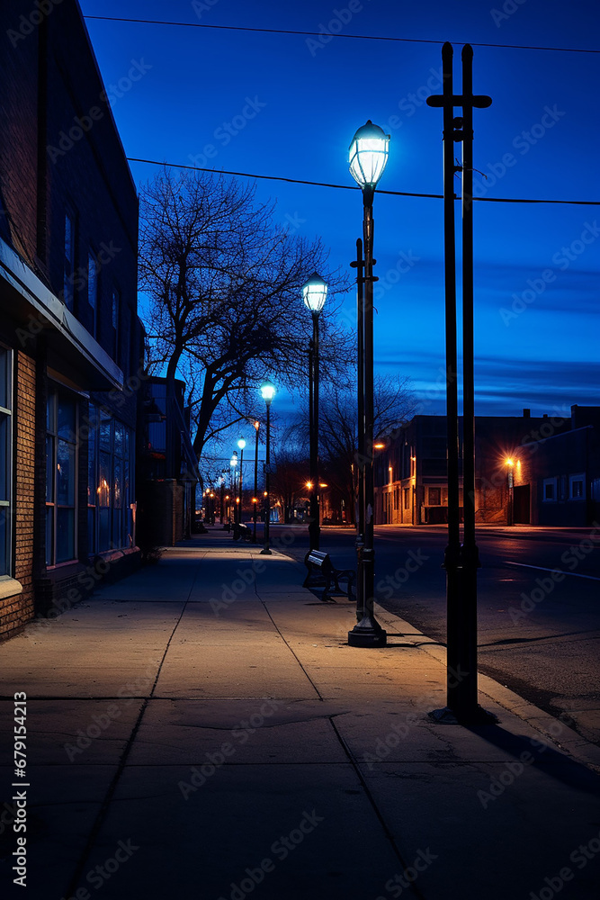 streetscape shot where blue streetlights cast long shadows, symbolizing ...