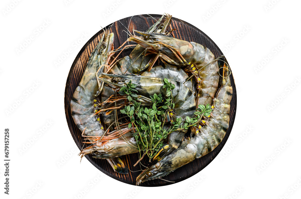 Raw black tiger shrimps prawns on a cutting board with herbs ...