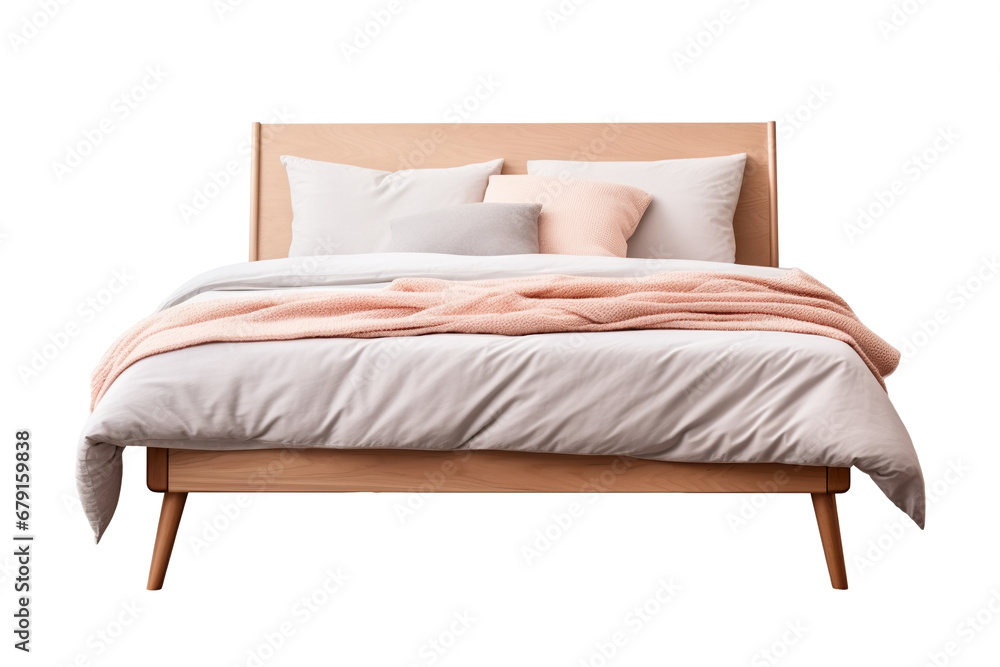 Minimalist Scandinavian-style bed with wooden frame and headboard ...