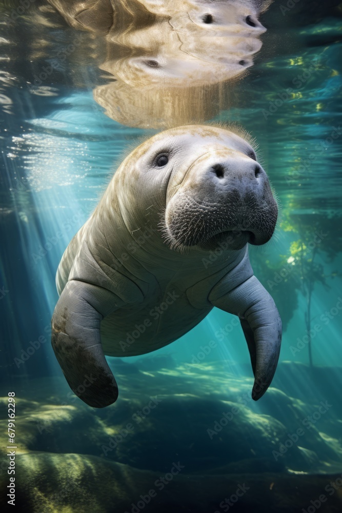 A serene portrait of a gentle manatee, with its docile eyes and ...