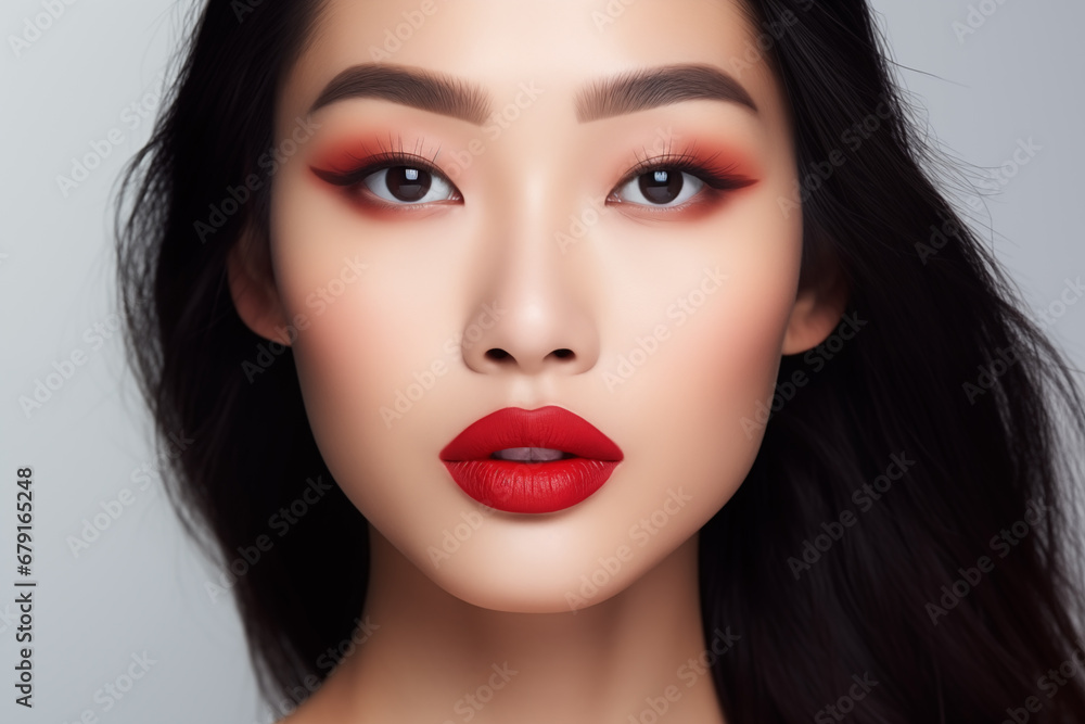 Beautiful asian woman with red lips perfect make up. Close up portrait ...