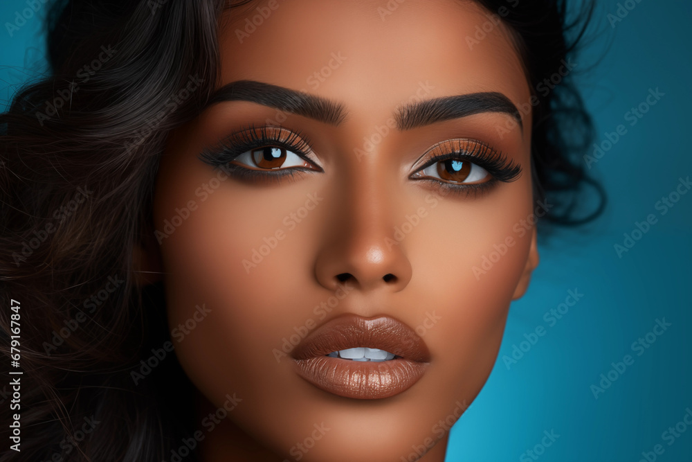Beautiful Indian woman with brown lips and brown eye shadow. Close up ...