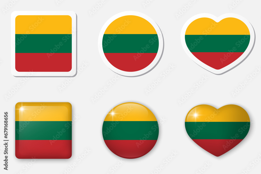 Flag of Lithuania icons collection. Flat stickers and 3d realistic ...
