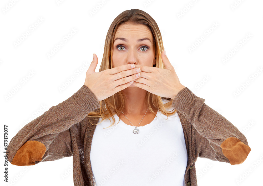 Portrait, covering mouth and woman with surprise, gossip and secret ...