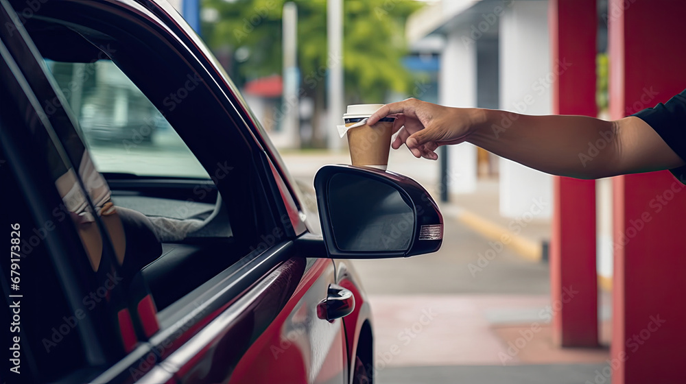 Hand Man in car receiving coffee in drive thru fast food restaurant ...