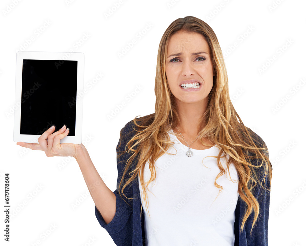 Portrait Blank Tablet Screen And Woman Problem Stress And Grimace Over Advertising Crisis