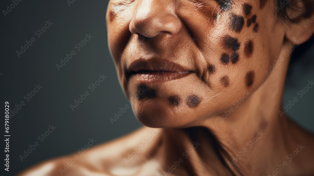 Vitiligo , close-up of age pigment spots on the face skin of an old ...