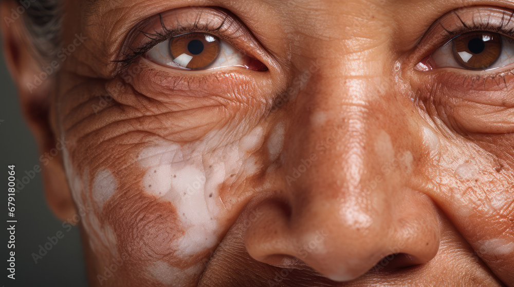 Vitiligo , close-up of age pigment spots on the face skin of an old ...