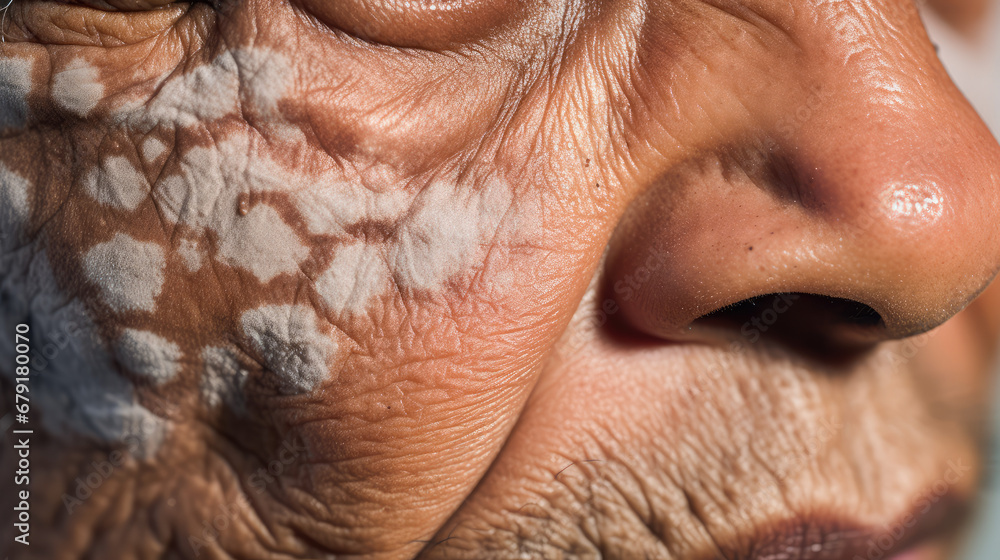 Vitiligo , close-up of age pigment spots on the face skin of an old ...