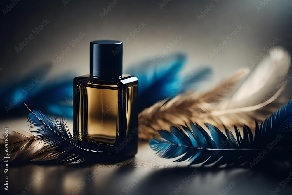 golden perfume flacon , blue and gold feathers background , expensive ...