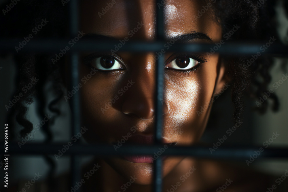 Guilty criminal person standing behind prison cage bars Generative AI ...
